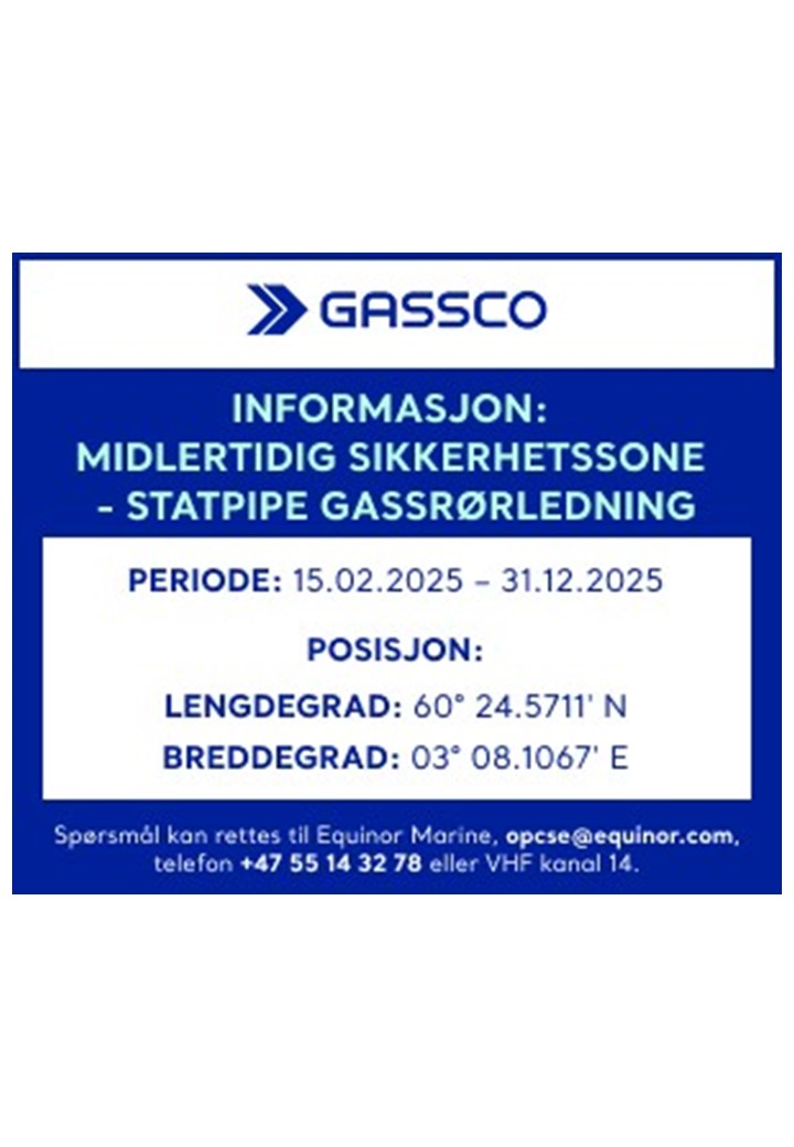 Midlertidig sikkerhetssone ved Statpipe gassrørledning - Gassco